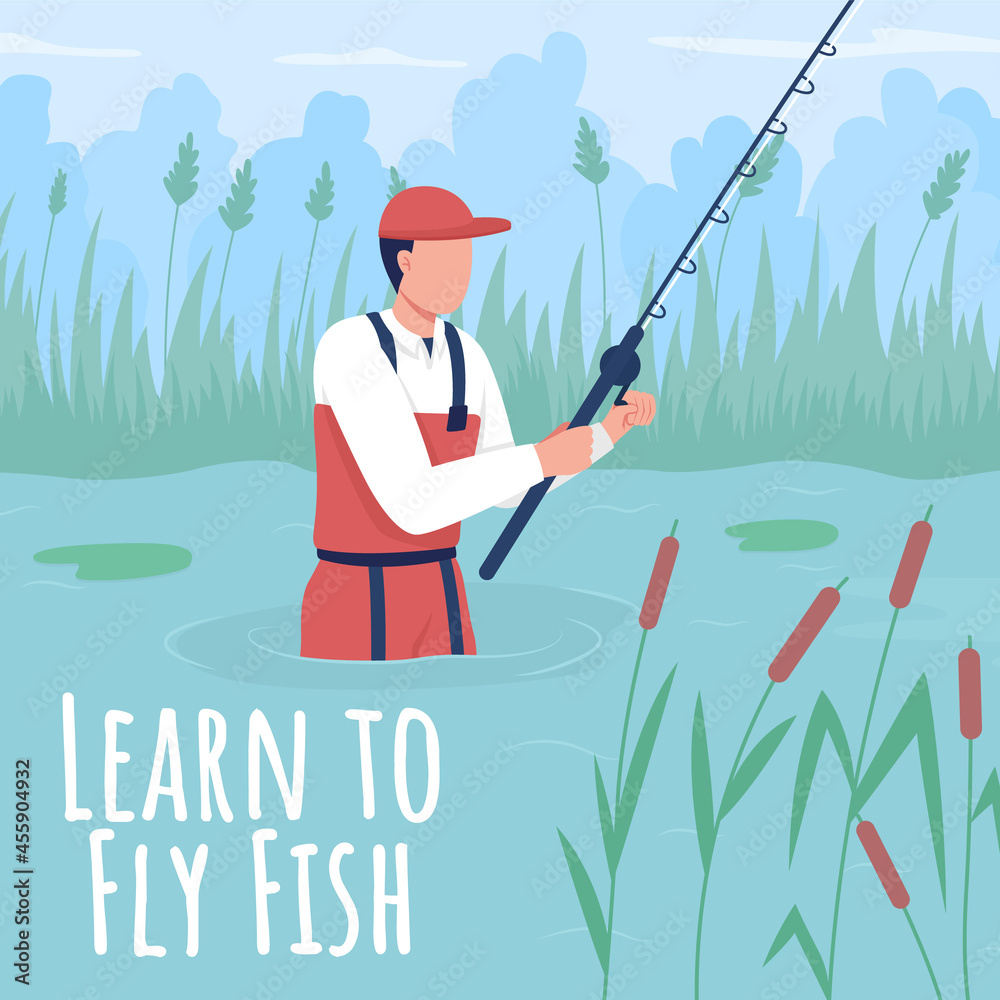Fisherman social media post mockup. Learn to fly fish phrase. Web ...
