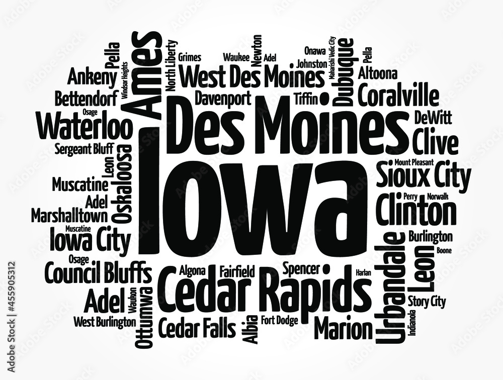 List of cities in Iowa USA state, word cloud concept background Stock ...