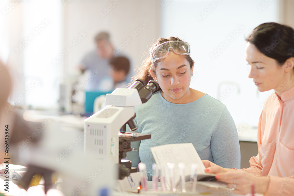 Female teacher and girl student conducting scientific experiment at ...