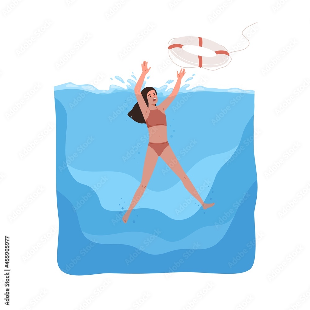 Woman in swimsuit sinking under water, catching lifebuoy with hands to ...
