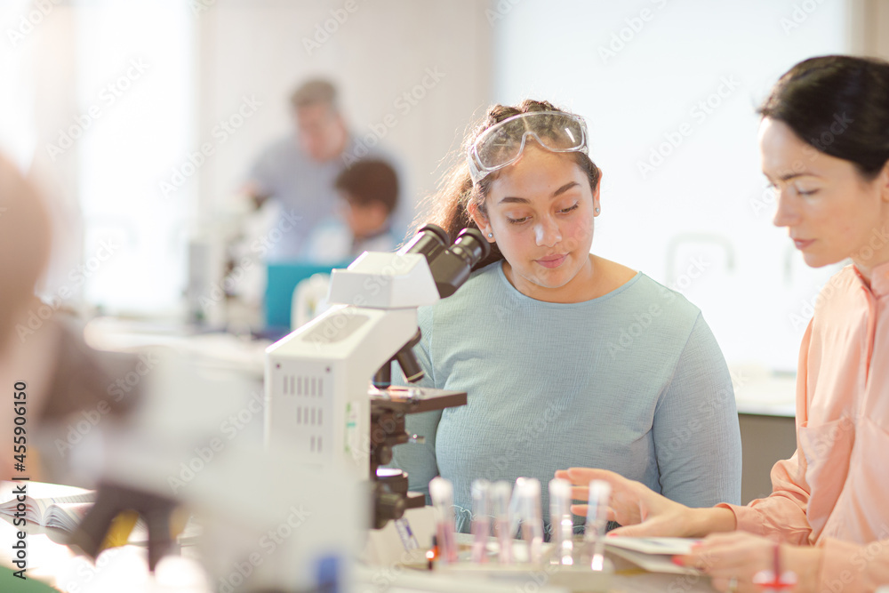 Female teacher and girl student conducting scientific experiment at ...