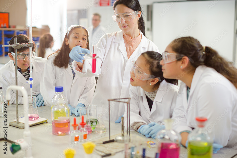 Female teacher and students conducting scientific experiment, watching ...