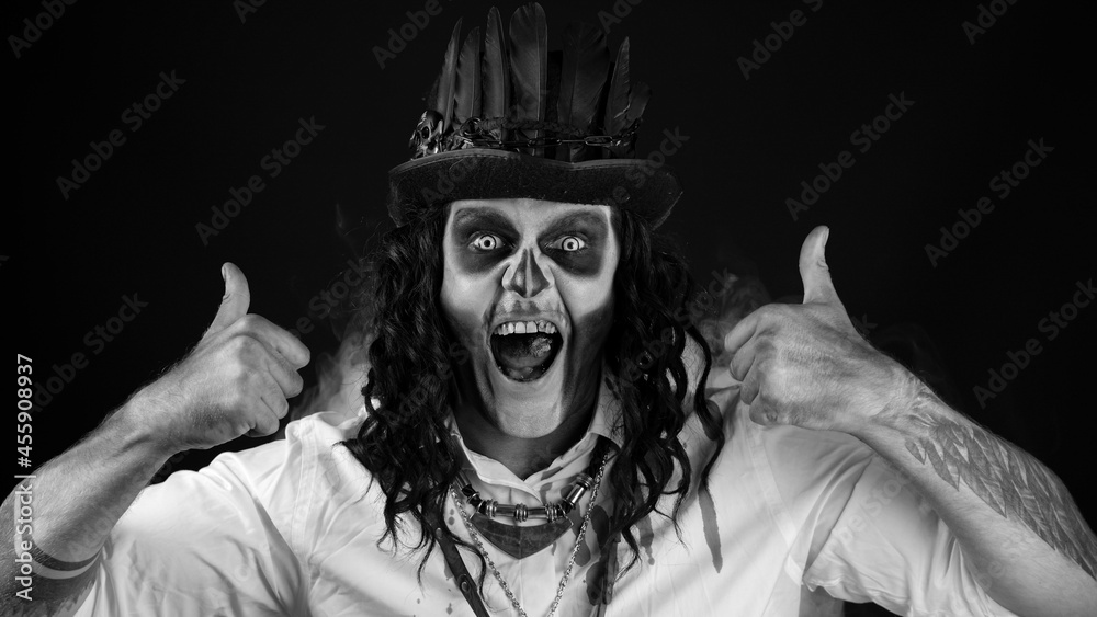 Frightening smiling man in skeleton Halloween cosplay costume. Guy in ...