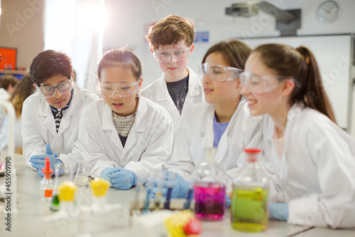 Girl students conducting scientific experiment in laboratory classroom ...