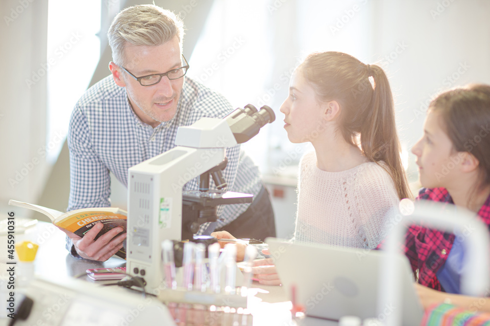 Male teacher helping girl students using microscope, conducting ...