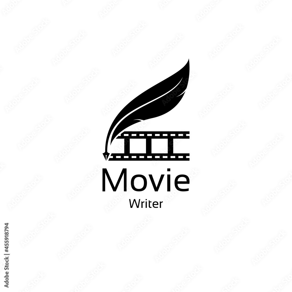 movie writer cinema film production with filmstrip and quill feather ...