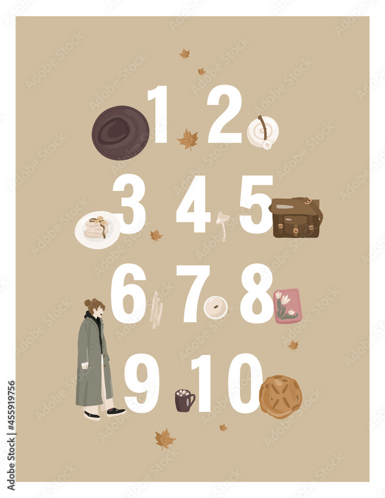 Autumn childrens vector poster with numbers from one to ten and ...