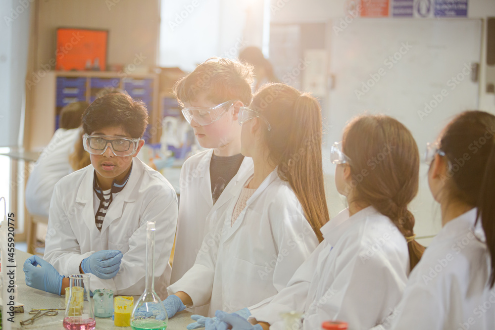 Surprised students conducting scientific experiment, watching chemical ...