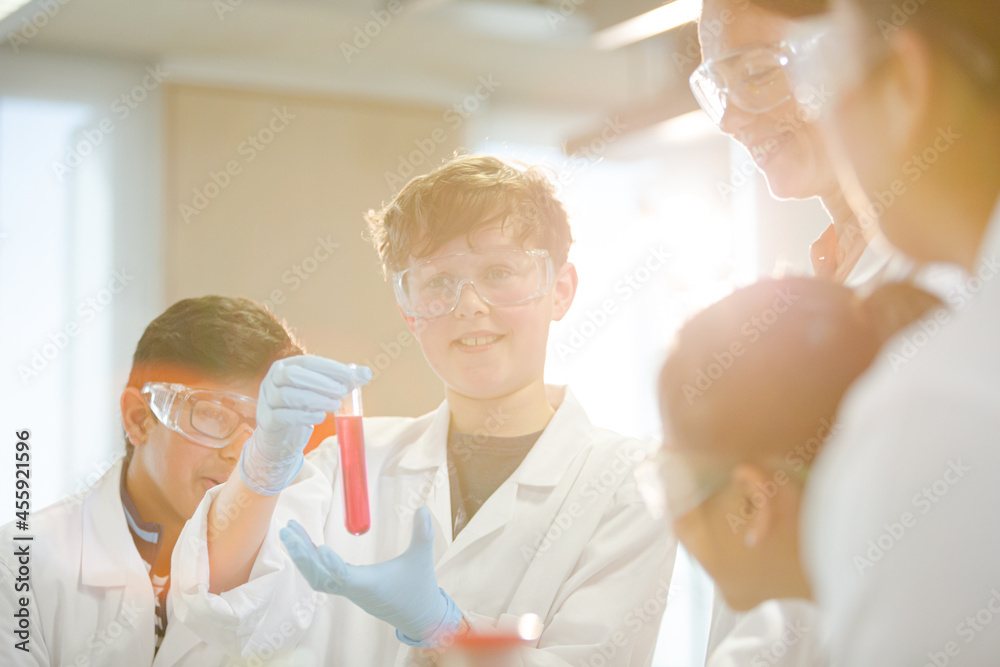 Female teacher and students examining liquid in test tube, conducting ...