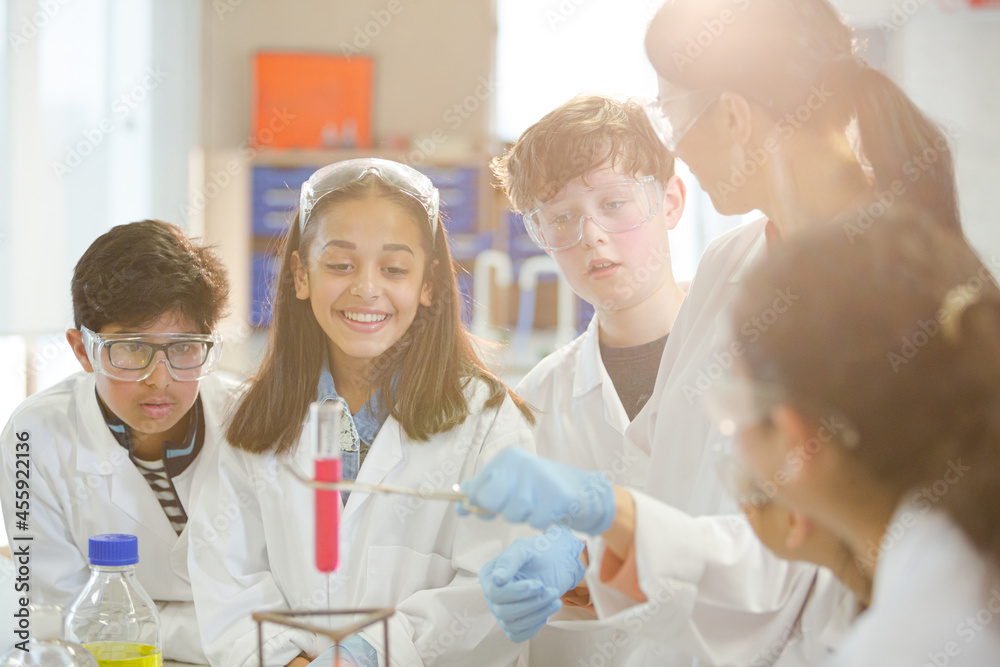 Female teacher and students examining liquid in test tube, conducting ...