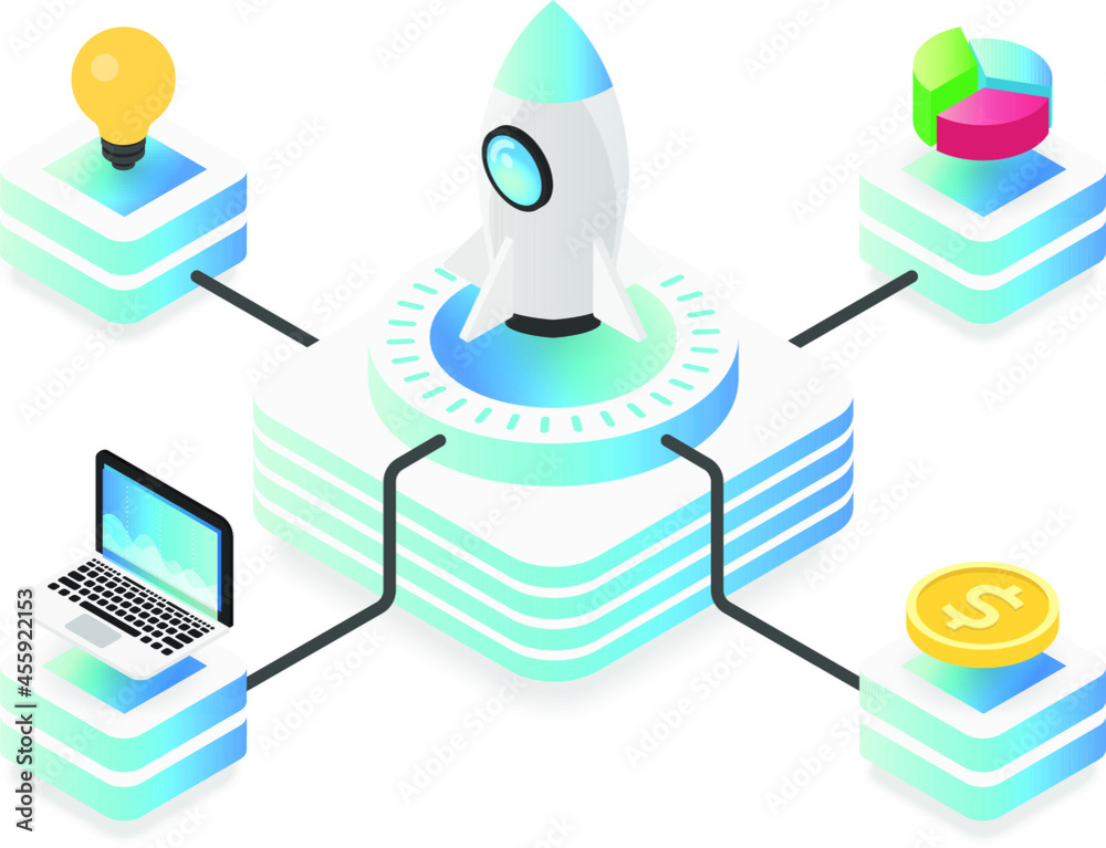 Isometric business startup, strategy, analytics, analysis, rocket ...