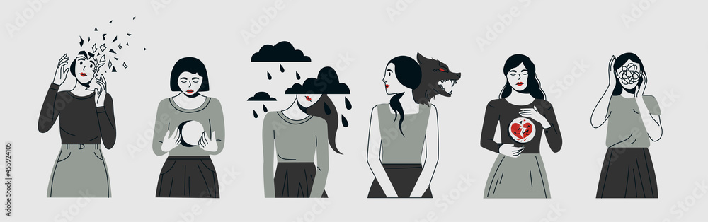 Woman suffering from mental disorder trendy flat illustration ...