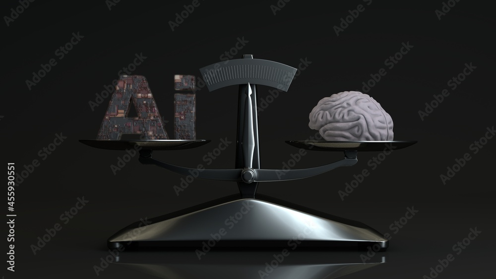 3d rendering of scales and AI text on one bowl and the human brain on ...