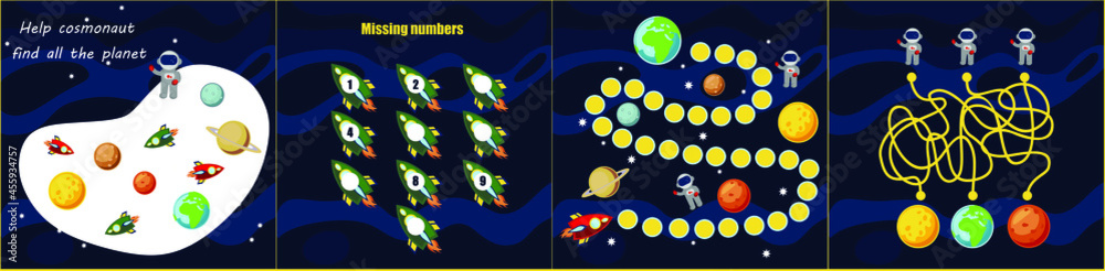 Kids mini games for development. Space maze. I spy. Count the planet ...