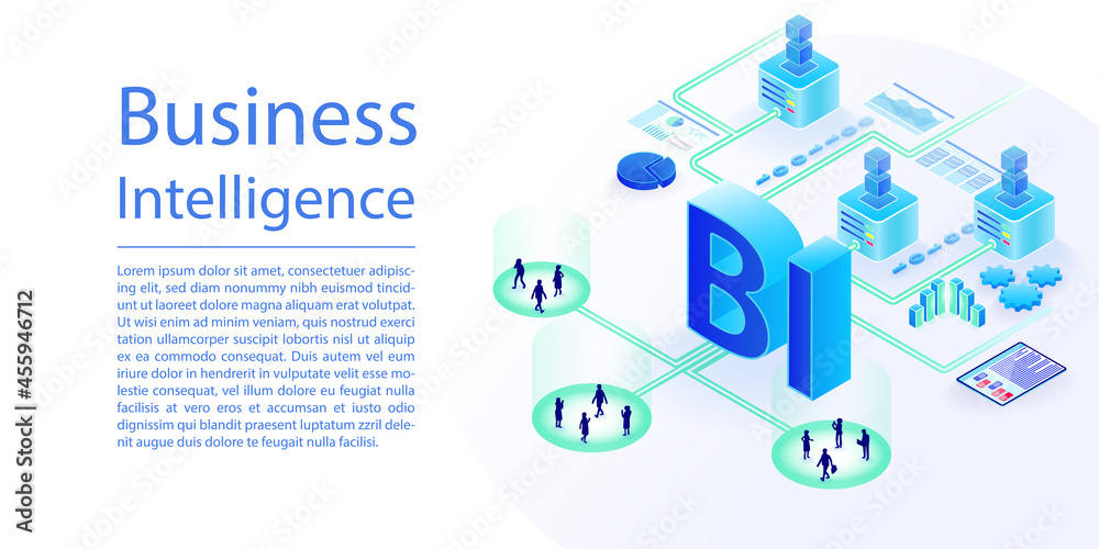 BI Business Intelligence vector infographic in wide web banner layout ...