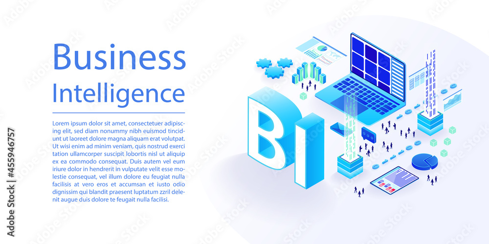 BI Business Intelligence vector infographic in wide web banner layout ...