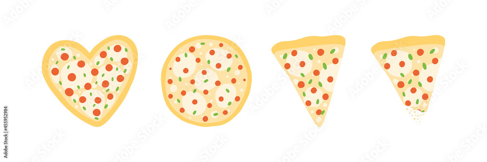 Set, collection of cute cartoon style pizza icons. Round, heart-shaped ...