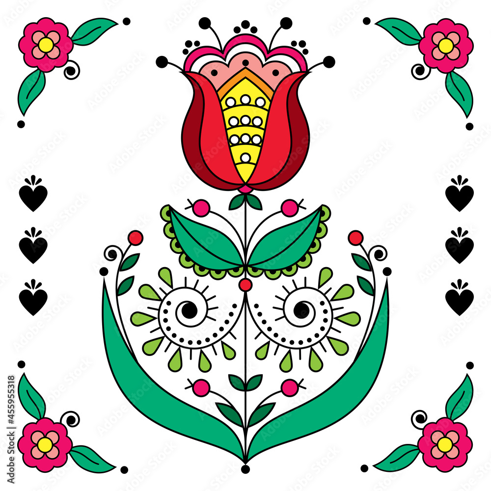 Scandinavian folk art flower vector greeting card design with flower ...