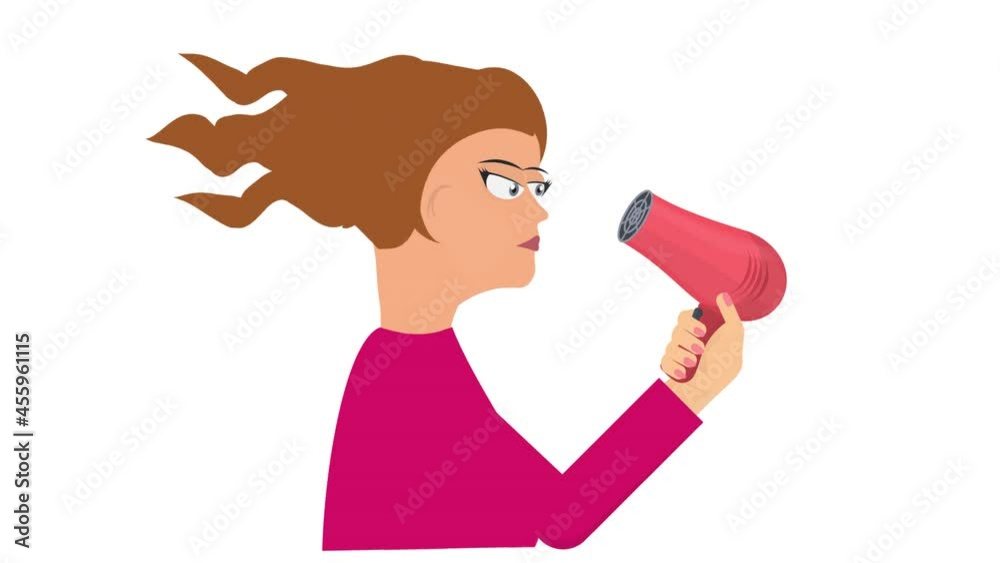 Woman with a hair dryer. Animation of hair drying, the alpha channel is ...