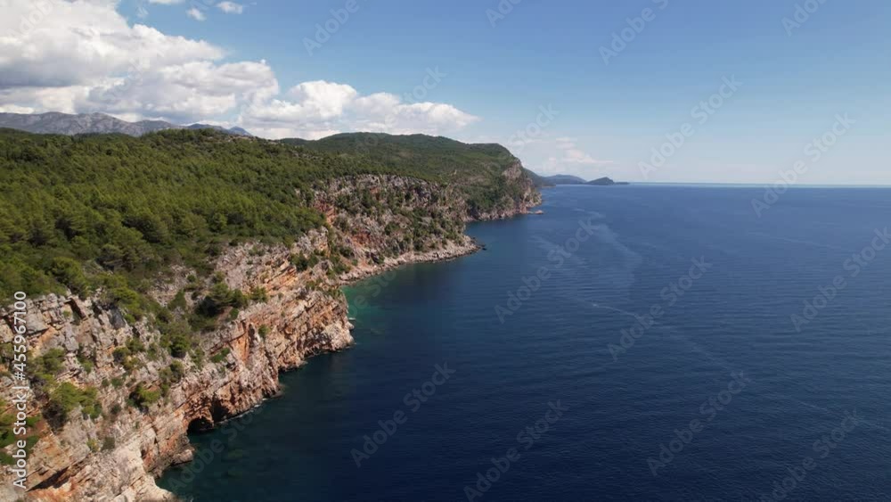 Aerial view of the Pasjaca cliff and beach, blue sea and mountains ...