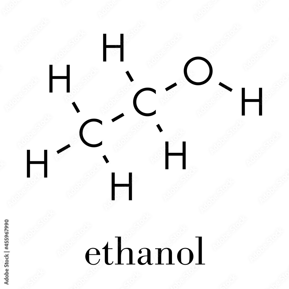 Alcohol (ethanol, ethyl alcohol) molecule, chemical structure. Skeletal ...