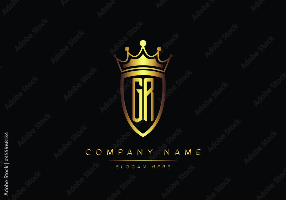 Alphabet letters GR monogram logo, gold color, shield style, luxury ...