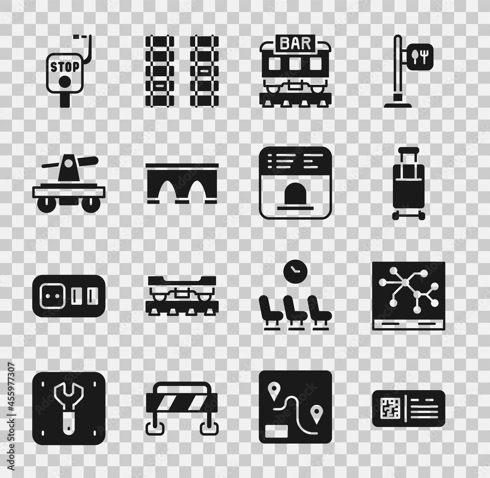 Set QR code ticket train, Railway map, Suitcase, Restaurant, Bridge for ...