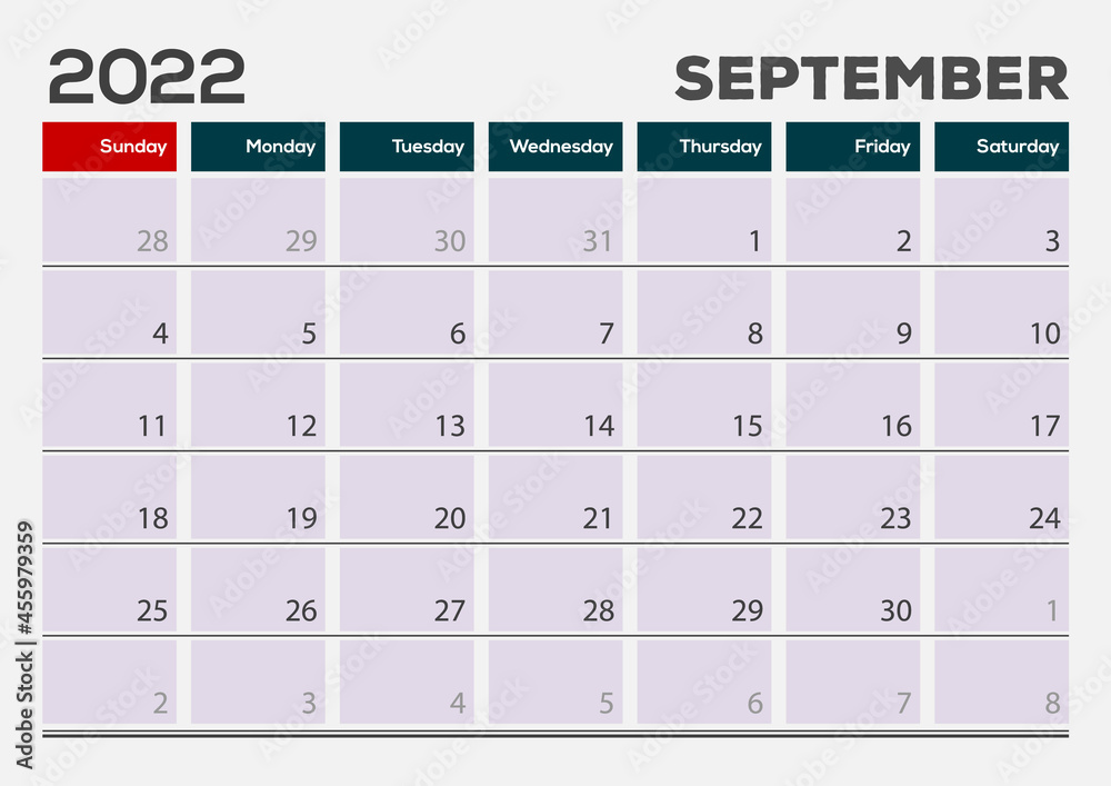 September 2022. Calendar planner design template. Week starts on Sunday ...