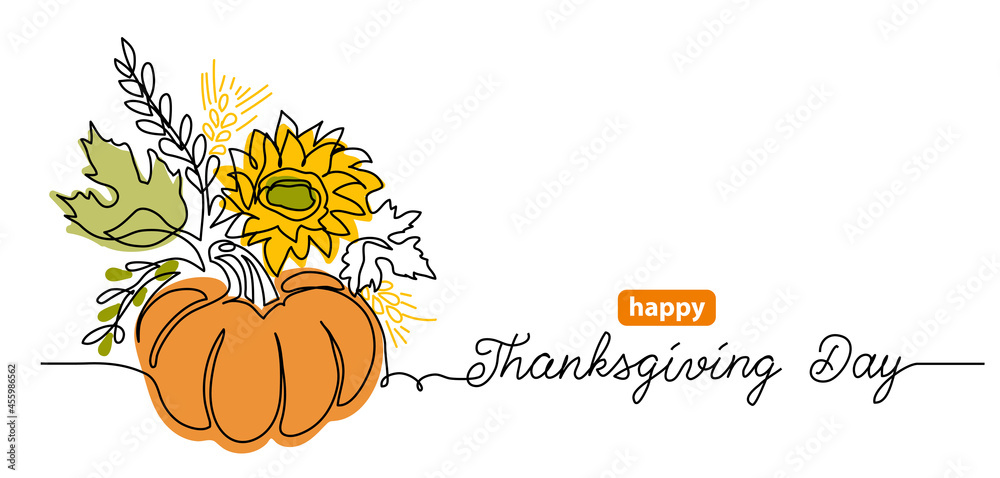 Thanksgiving Day one line art background with pumpkin vegetable ...
