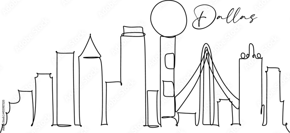 Dallas line drawing style with black on white background. Minimal ...
