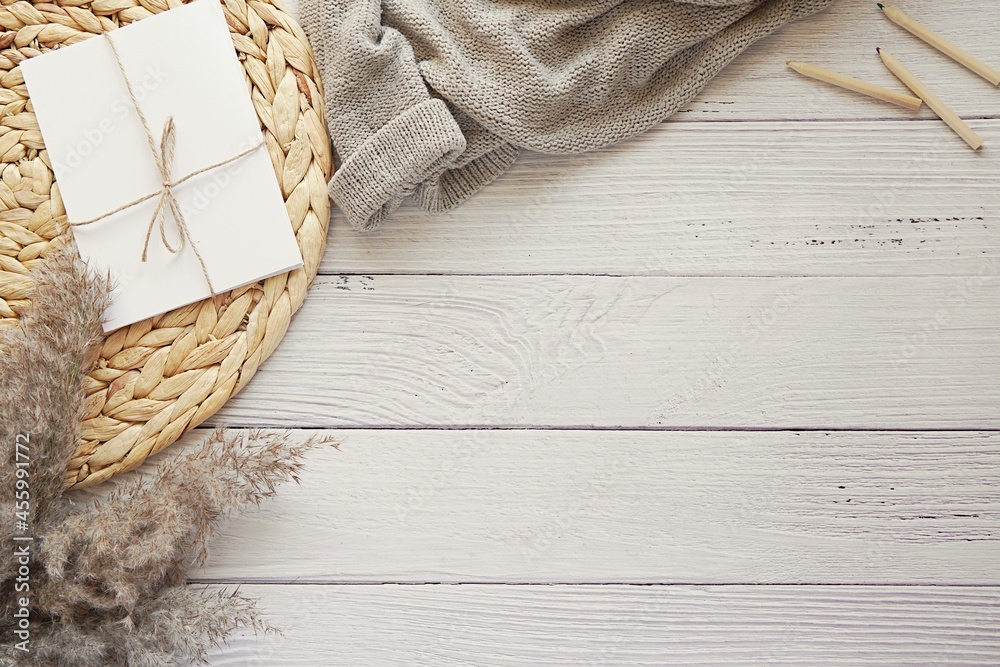 Bohemian background, boho flat lay composition with cozy sweater ...