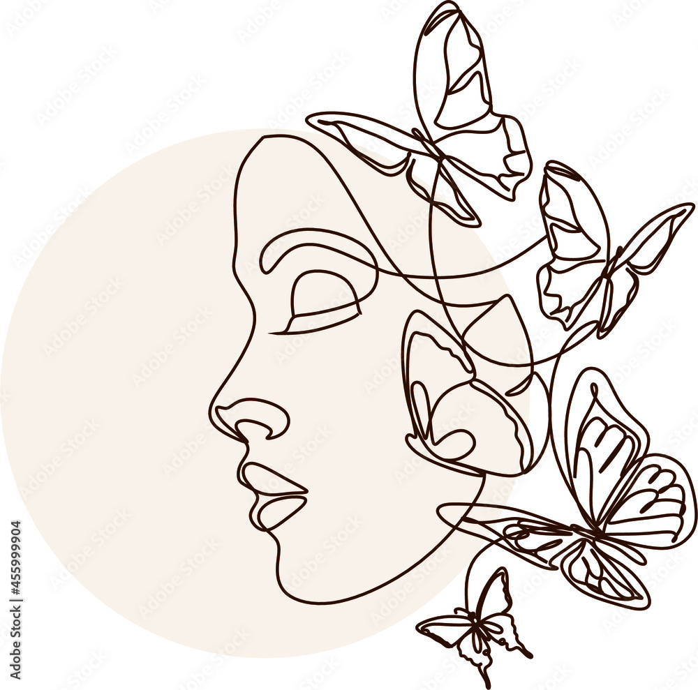 Butterfly Surreal Woman Face Line Art Abstract Face With Butterfly One