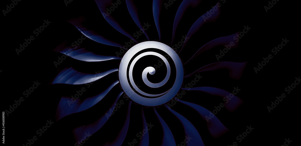 Modern turbofan engine. close up of turbojet of aircraft on black ...