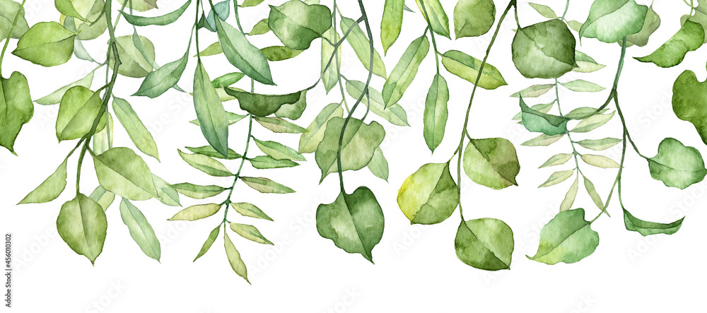 Long seamless banner with hanging ivy leaves on twigs. Watercolor hand ...