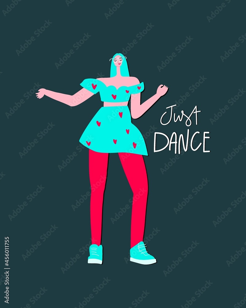 Cartoon character dancing woman and hand drawn phrase: just dance ...