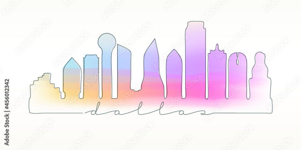 Dallas, TX, USA Skyline Watercolor City Illustration. Famous Buildings ...