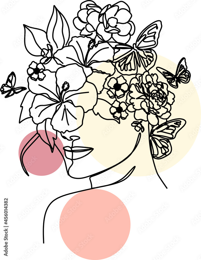 Flower Face Woman Line Drawing Modern Continuous Line Art Women Line