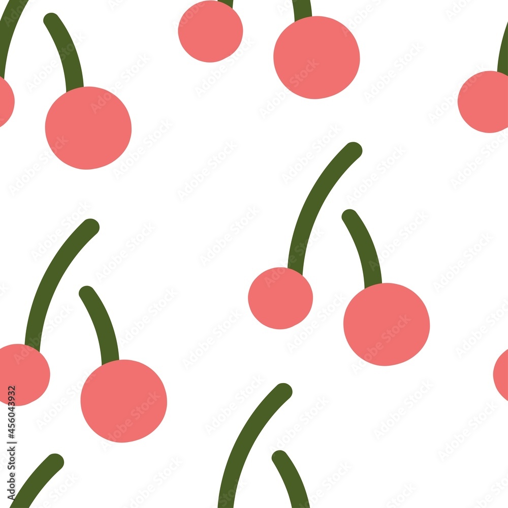 Cartoon cherries seamless pattern. Flat vector illustration. White ...