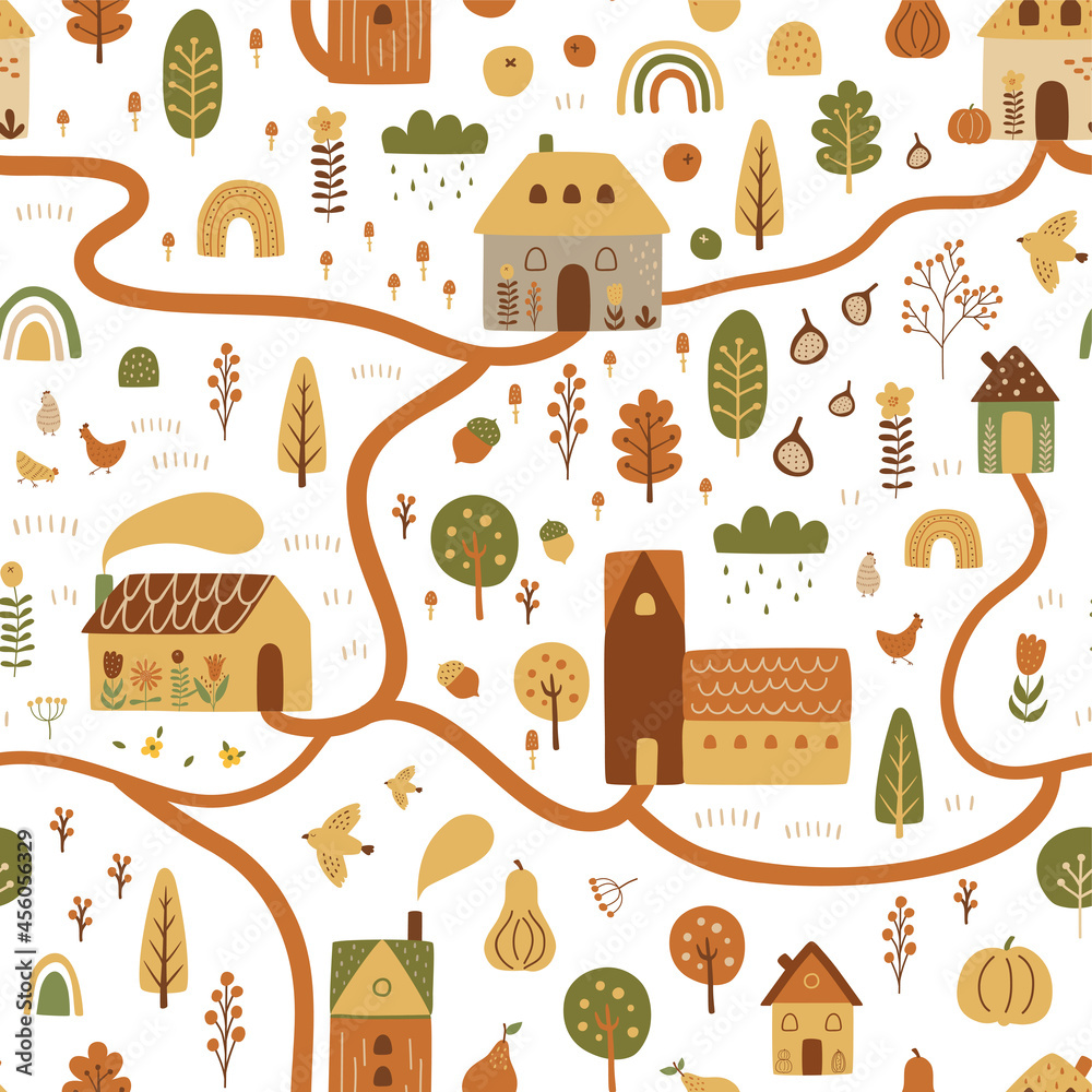 Cartoon village map. Cute map nature illustration. Cottage houses ...