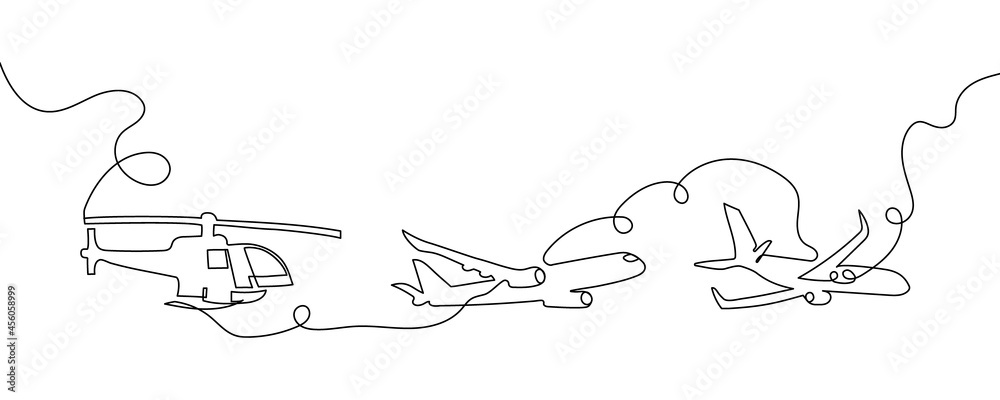 Air transport continuous line drawing set. One line art of plane ...