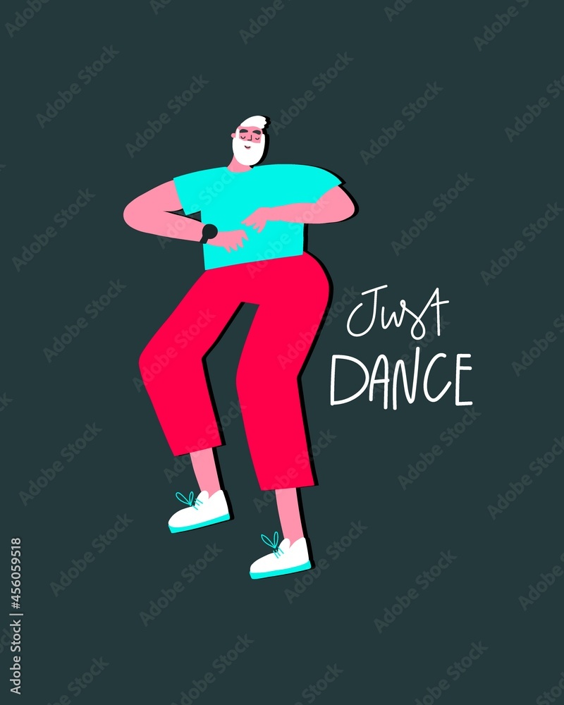 Cartoon character dancing man and hand drawn phrase: just dance ...