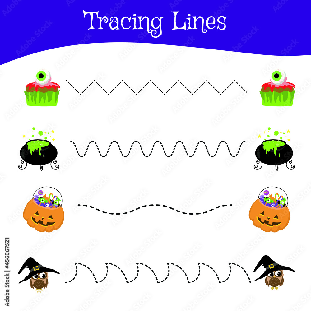 Vetor de Tracing Lines Game Halloween Edition. Educational worksheet ...