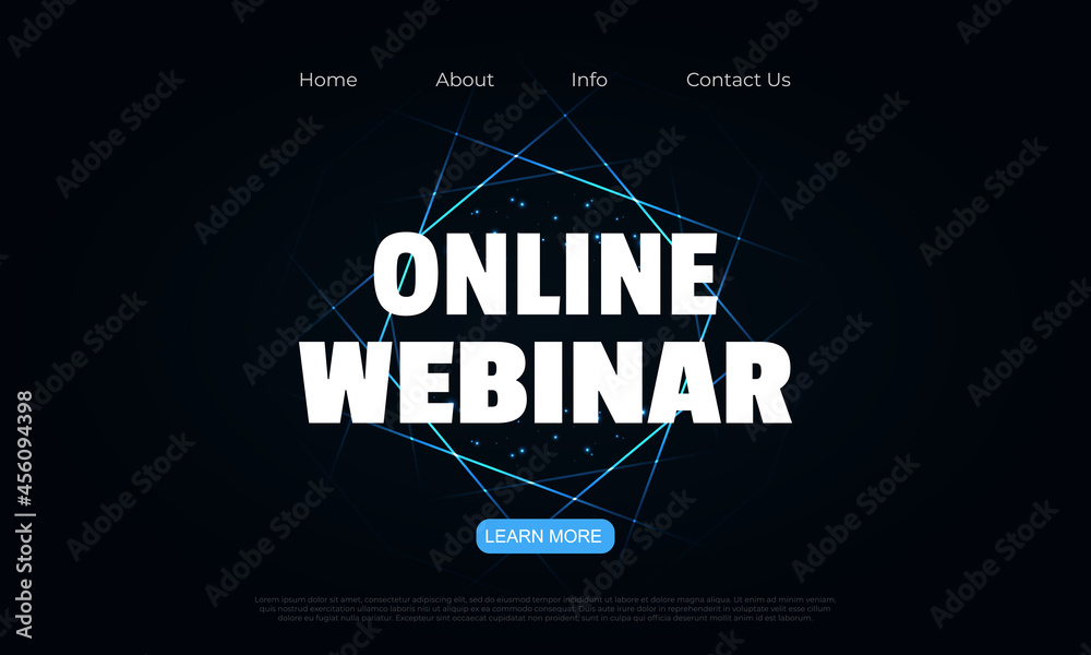 Online webinar landing page template. White text on black minimal ...