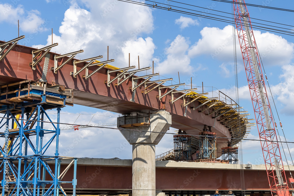 Construction of a multi-level automobile turning overpass. Scaffolding ...