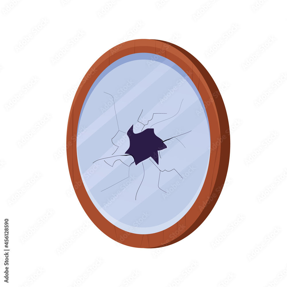Wooden frame with broken mirror in cartoon style isolated on white ...