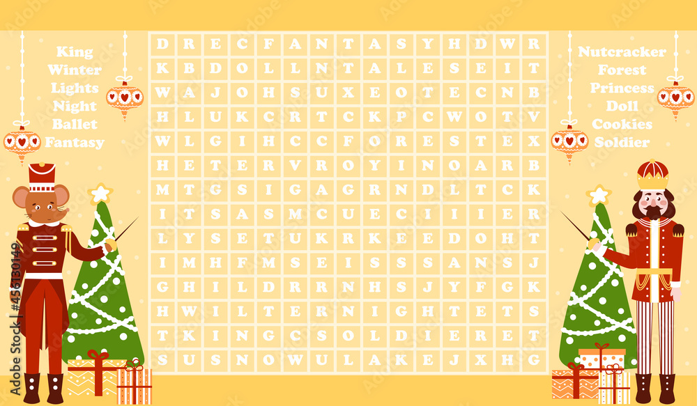 Christmas word search game for kids with nutcracker character and mouse ...