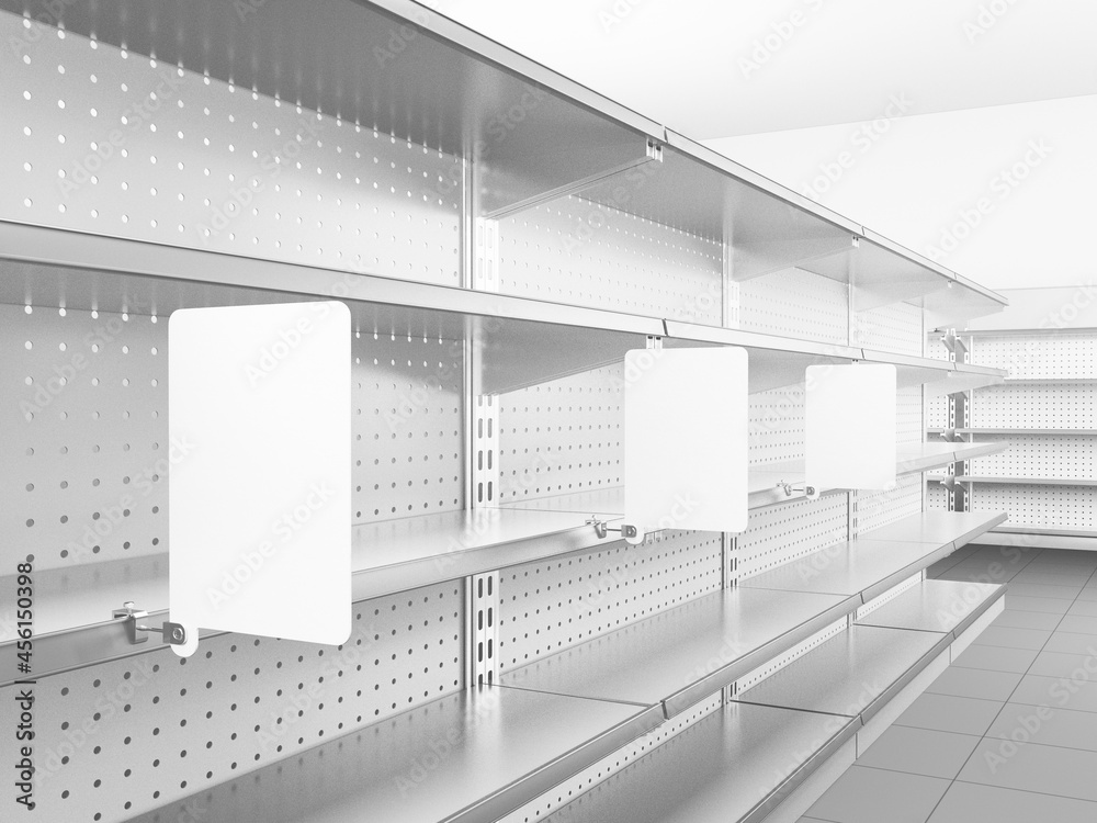 Supermarket Shelves With Attached Banner Or Wobbler. Blank Shelf Flag ...
