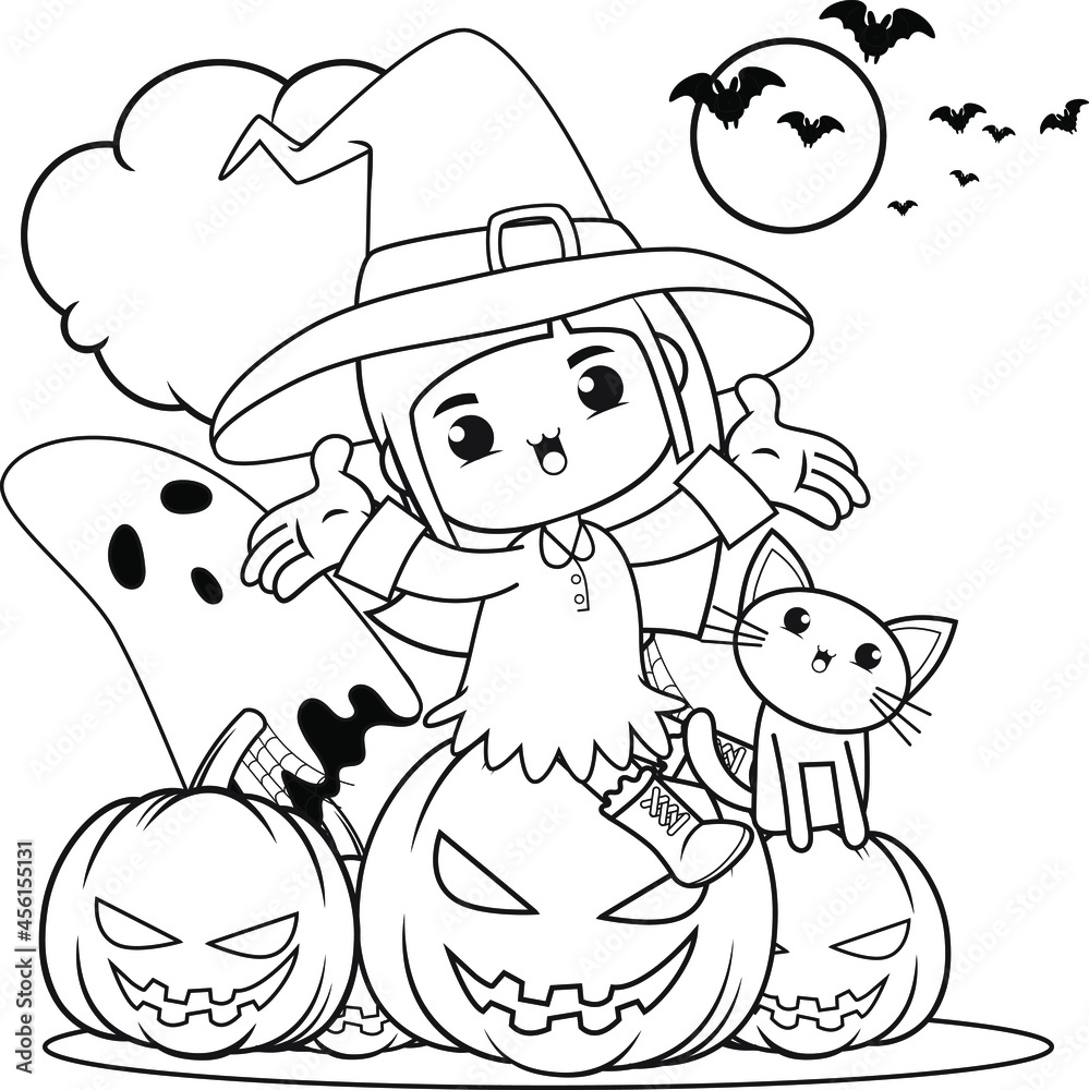 Halloween coloring book cute little girl witch Stock Vector | Adobe Stock