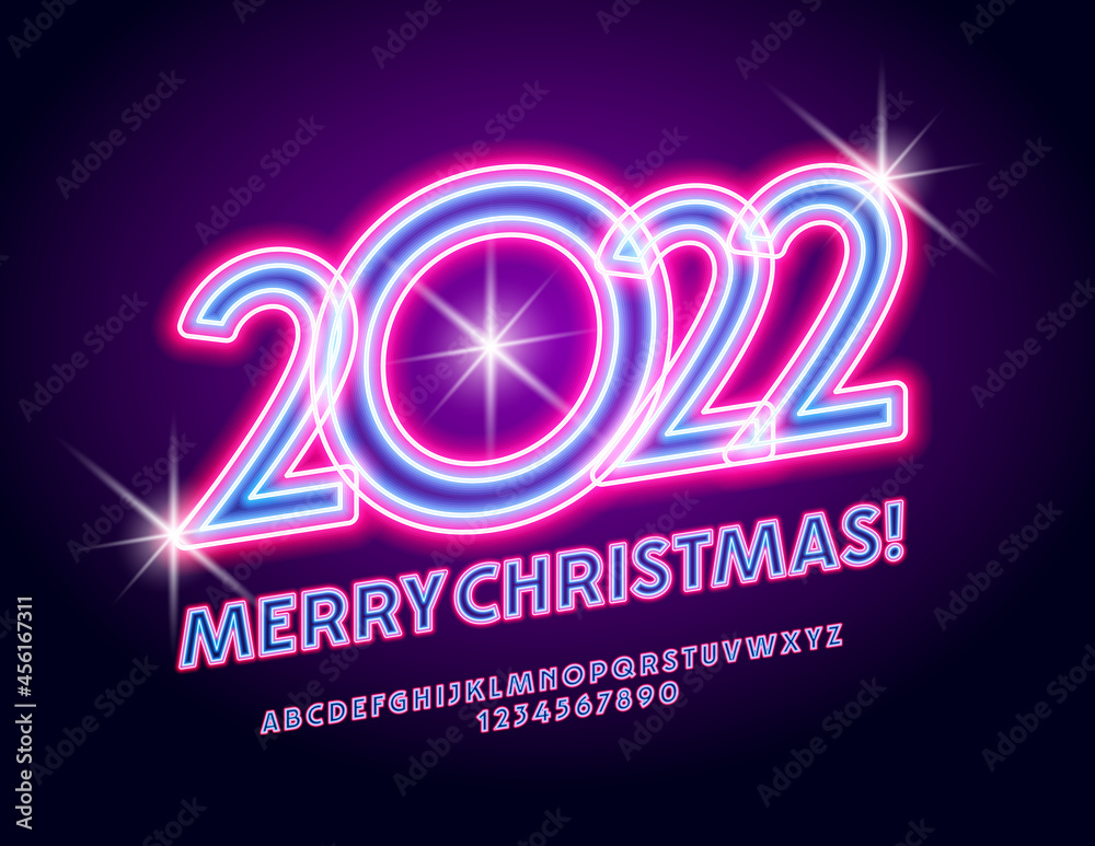 Vector glowing bright Greeting Card Merry Christmas 2022! Illuminated ...