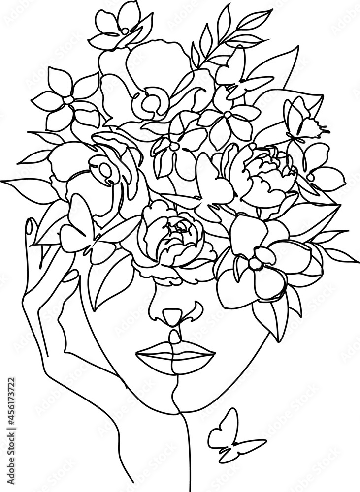 Flower face woman line drawing. Modern continuous line art. Women line ...